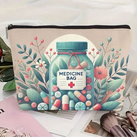 Bags | Medicinebottle Bag Floral Linen Drug Pouch Travel Zippered ...